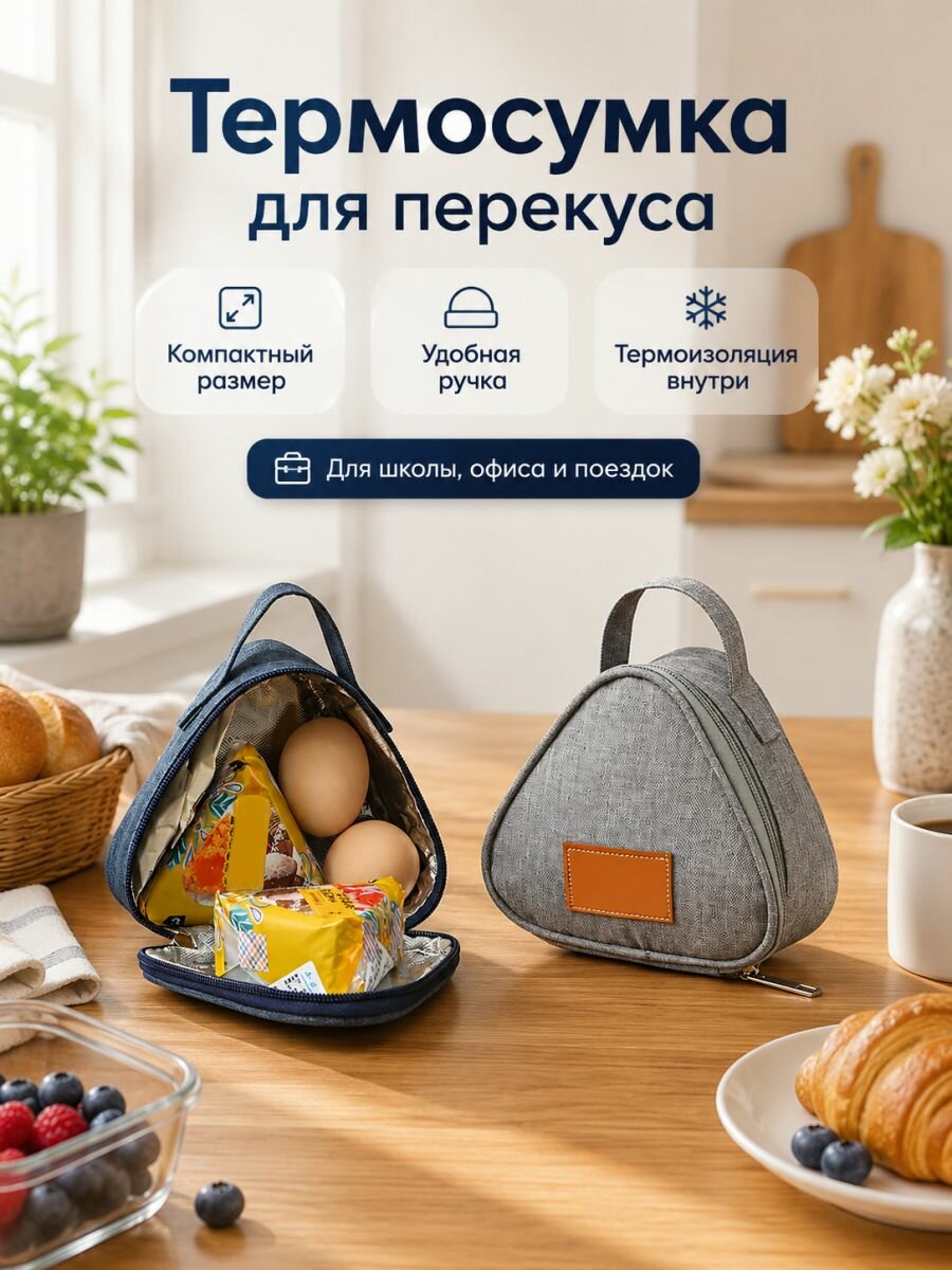 Мини-термосумка для еды и перекуса, сумка-холодильник с ручкой на молнии, для школы и прогулок, серая.