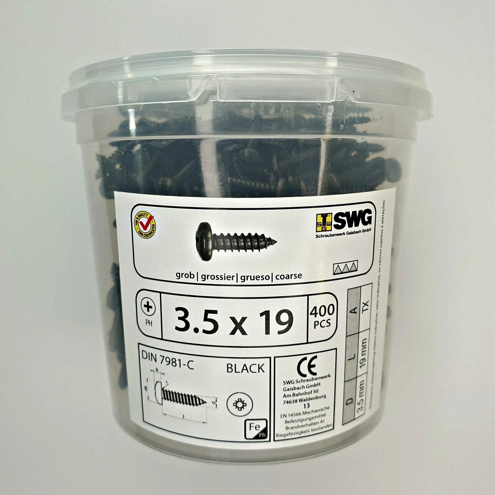 Саморез по металлу DIN 7981-C 3.5x19 (400 pcs) (black) SWG, Германия