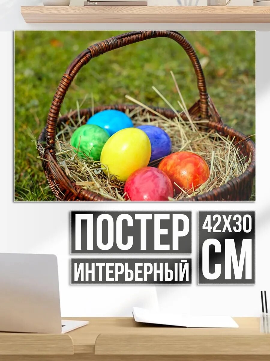 Плакат постер пасхальные яйца в корзине