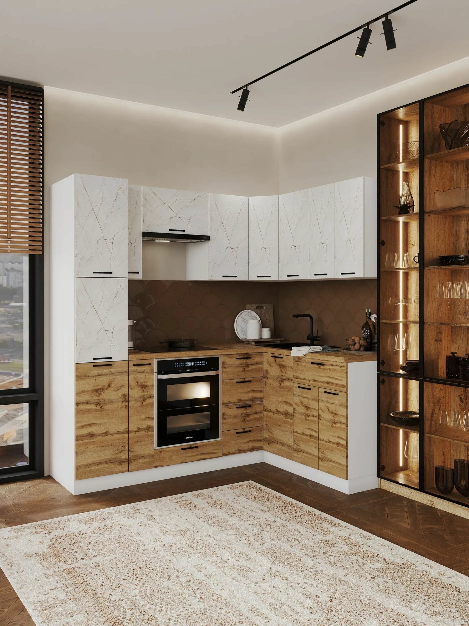Кухонный гарнитур без столешницы "Агава Smooth" 160*220*211 см. Белый/ Азул Оникс/Дуб Вотан