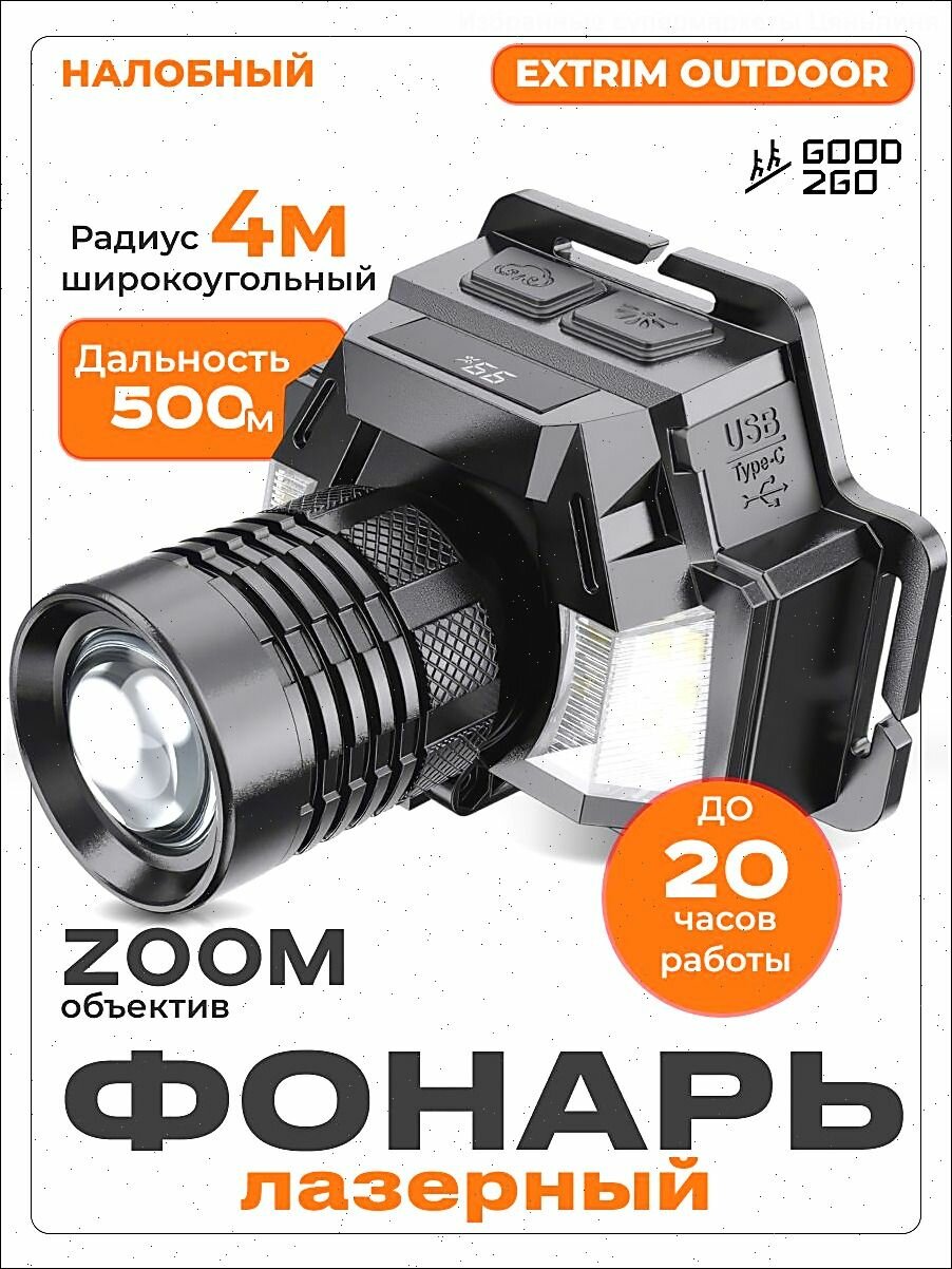 Налобный фонарик аккумуляторный мощный. Сенсоры. 6 режимов. Фокусировка. Роторный зум. IPX6. Зарядка Type-C.