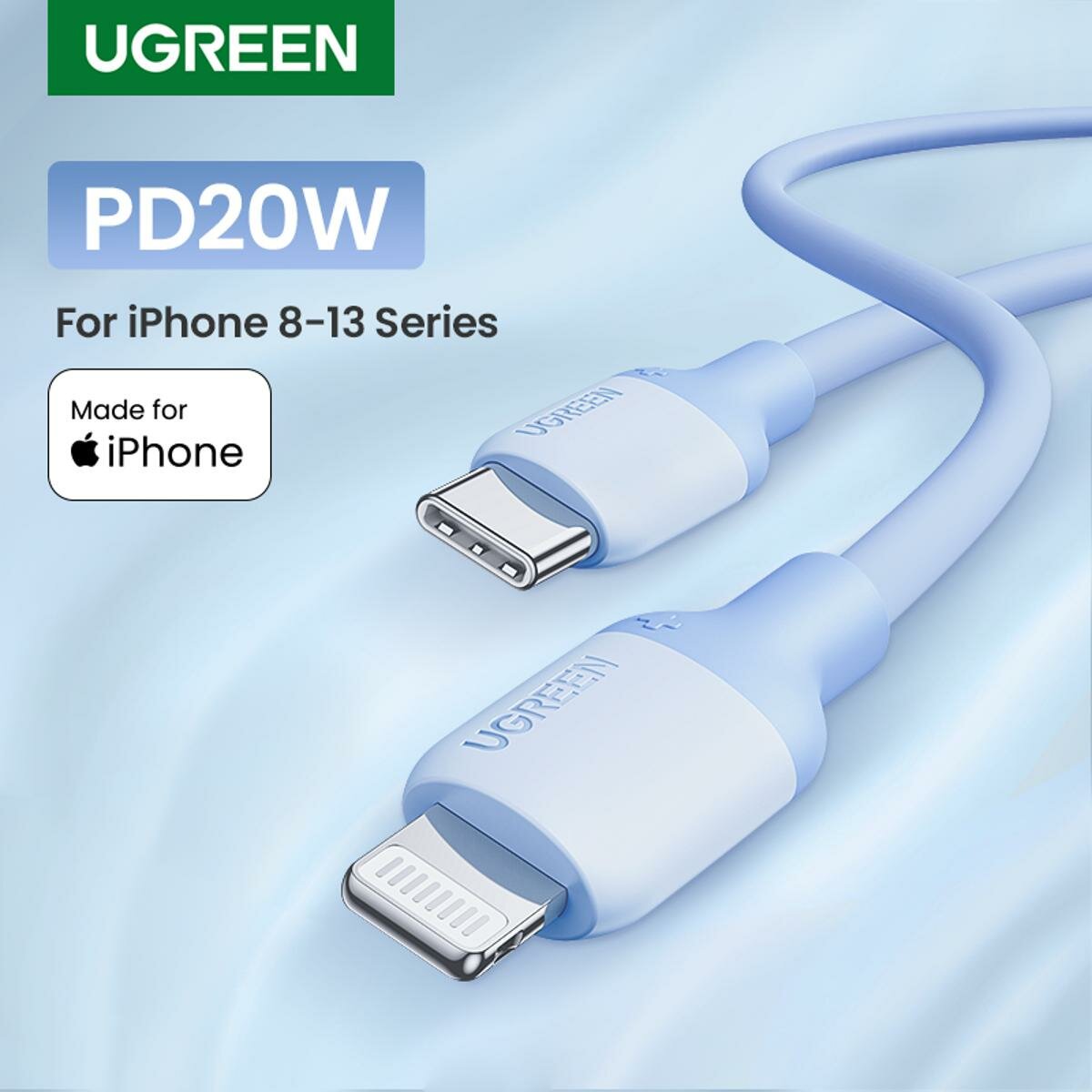 [Сертифицировано Apple MFi]Кабель UGREEN USB C - Lightning 1M PD 20W сертифицирован MFi для быстрой зарядки 13/13 Pro/13