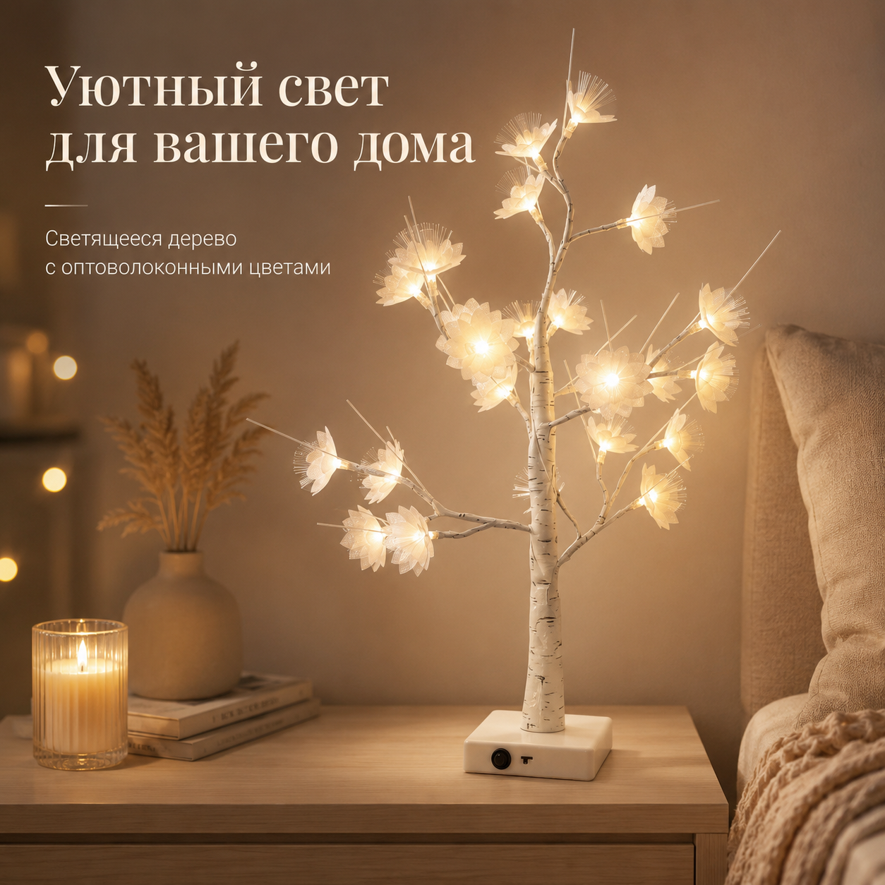Декоративное дерево с LED-подсветкой, белая береза с цветами, 60 см, 24 LED, USB и батарейки