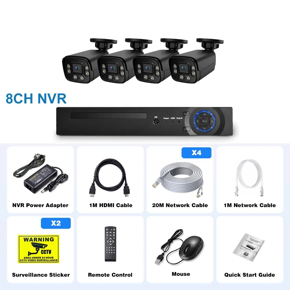 Система безопасности с 4K POE-камерами 10CH 8CH 4CH NVR 8MP камеры для улицы с двусторонним аудио, водонепроницаемыми, цветным ночным видением, набор для наблюдения