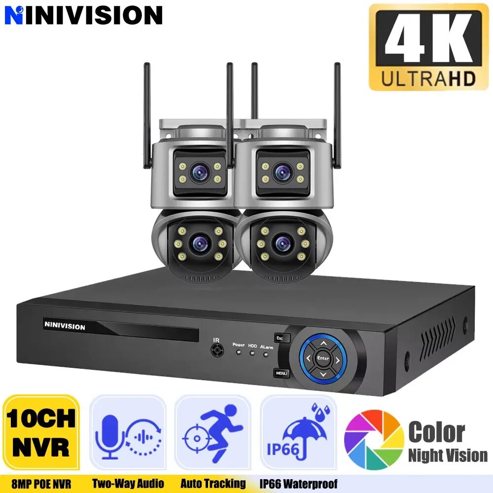 Набор NVR 4K POE 10-канальный с двойной линзой, камера безопасности WIFI PTZ 8MP с системой автоматического трекинга, камера видеонаблюдения IP для внешнего использования CCTV, домашний набор камер видеонаблюдения