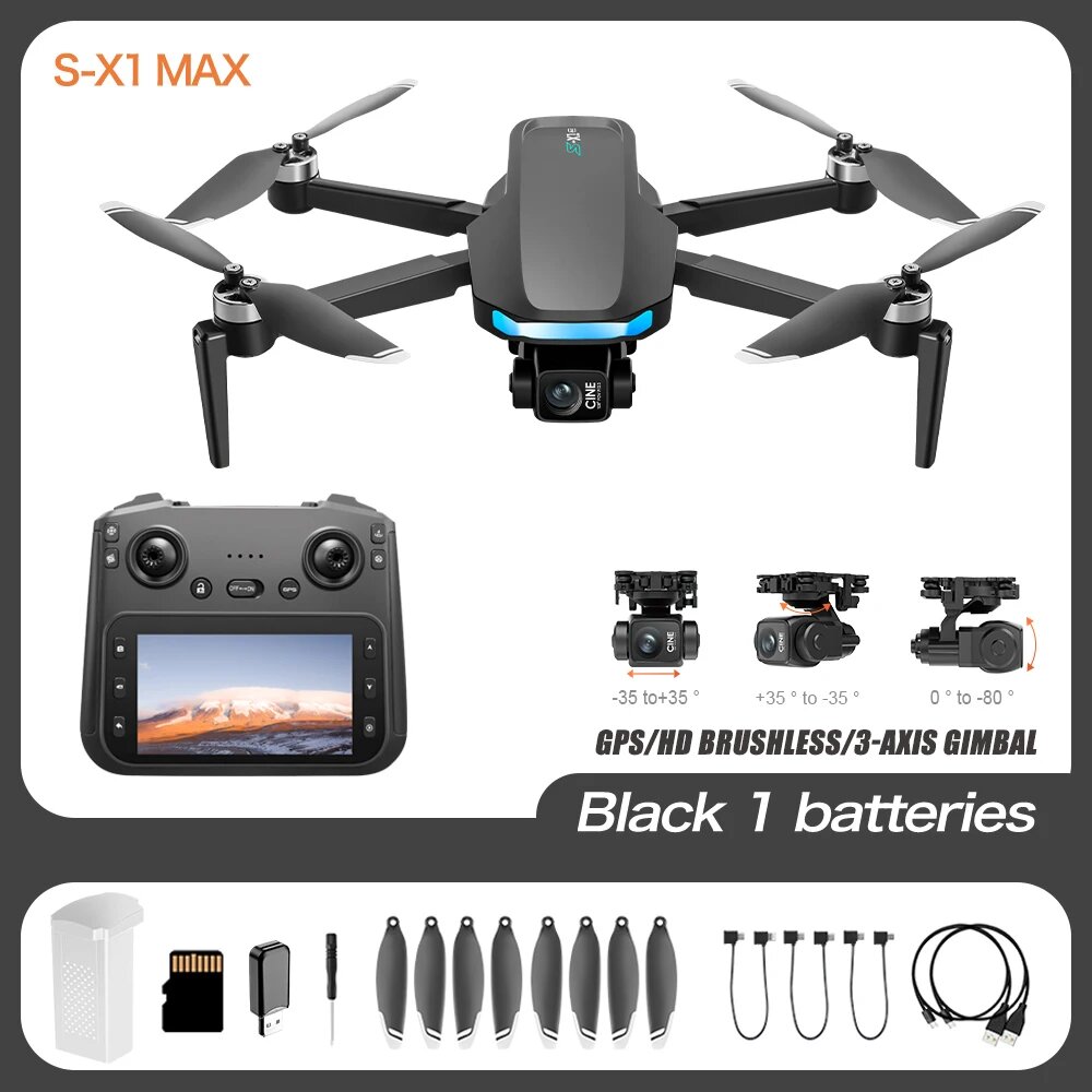 Дрон S-X1 MAX GPS Professional с камерой 4K, 3-осевым стабилизатором, аэрофирменным FPV, бесщетковым двигателем, для безопасности, с контролем на большом экране, квадрокоптер