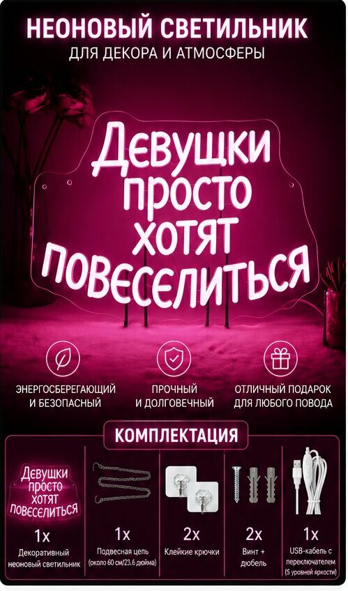 Неоновая Вывеска "Девушки Просто Хотят Повеселиться" Для Девичника Бара Вечеринки Регулировка Яркости 50смx36см