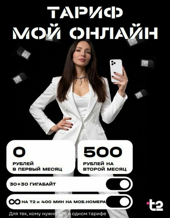 SIM-карта Tele2 "Мой онлайн", 3G, 4G, nano-SIM, федеральный номер, с балансом