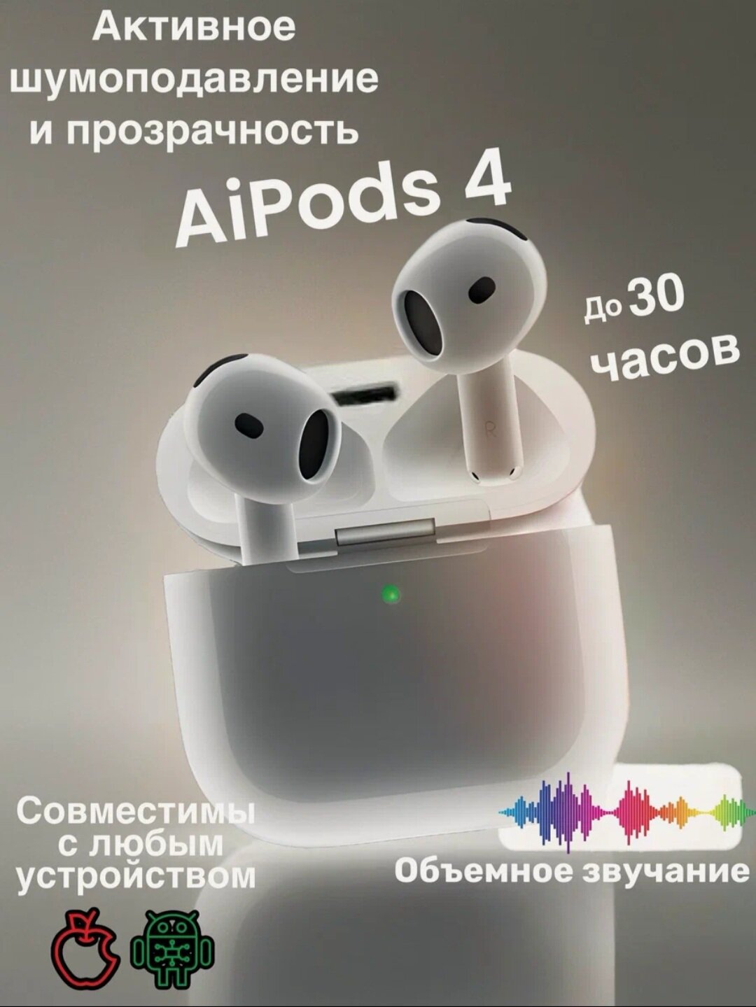 Наушники Pods 4, беспроводные, шумоподавление, микрофон, для iPhone и Android, белые