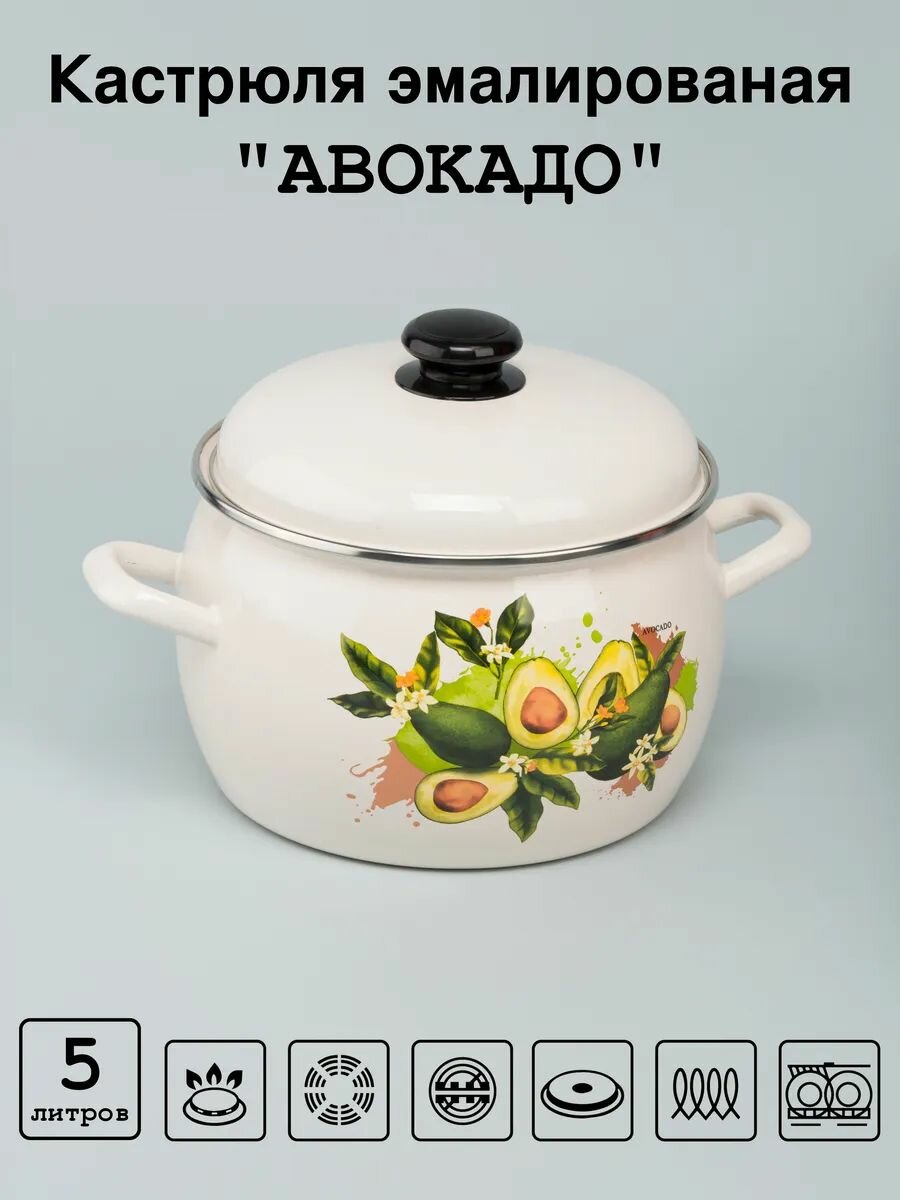 Кастрюля 5 л эмалированная сферическая рисунок Авокадо