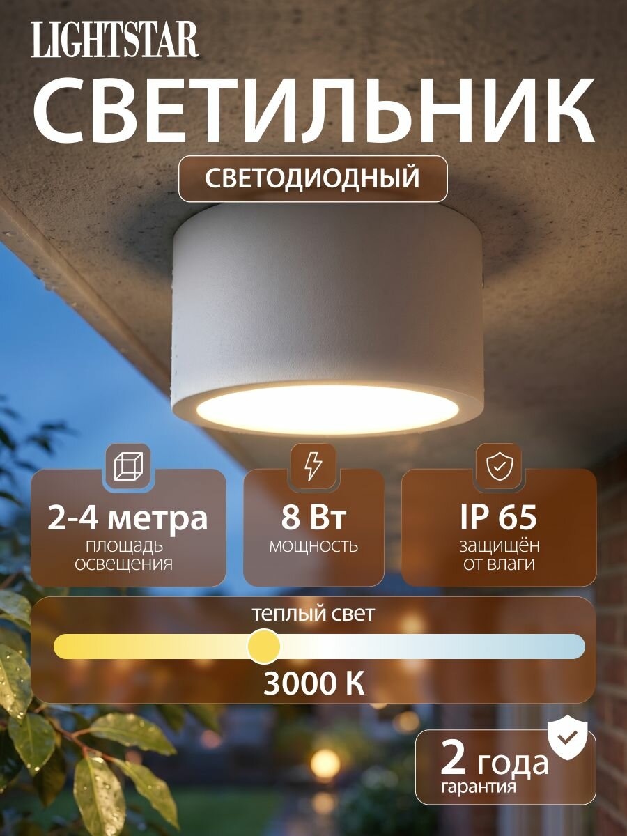 Светильник потолочный светодиодный влагозащищенный Lightstar ZOLLA 380163, IP65, 3000K, 8W, круглый, белый