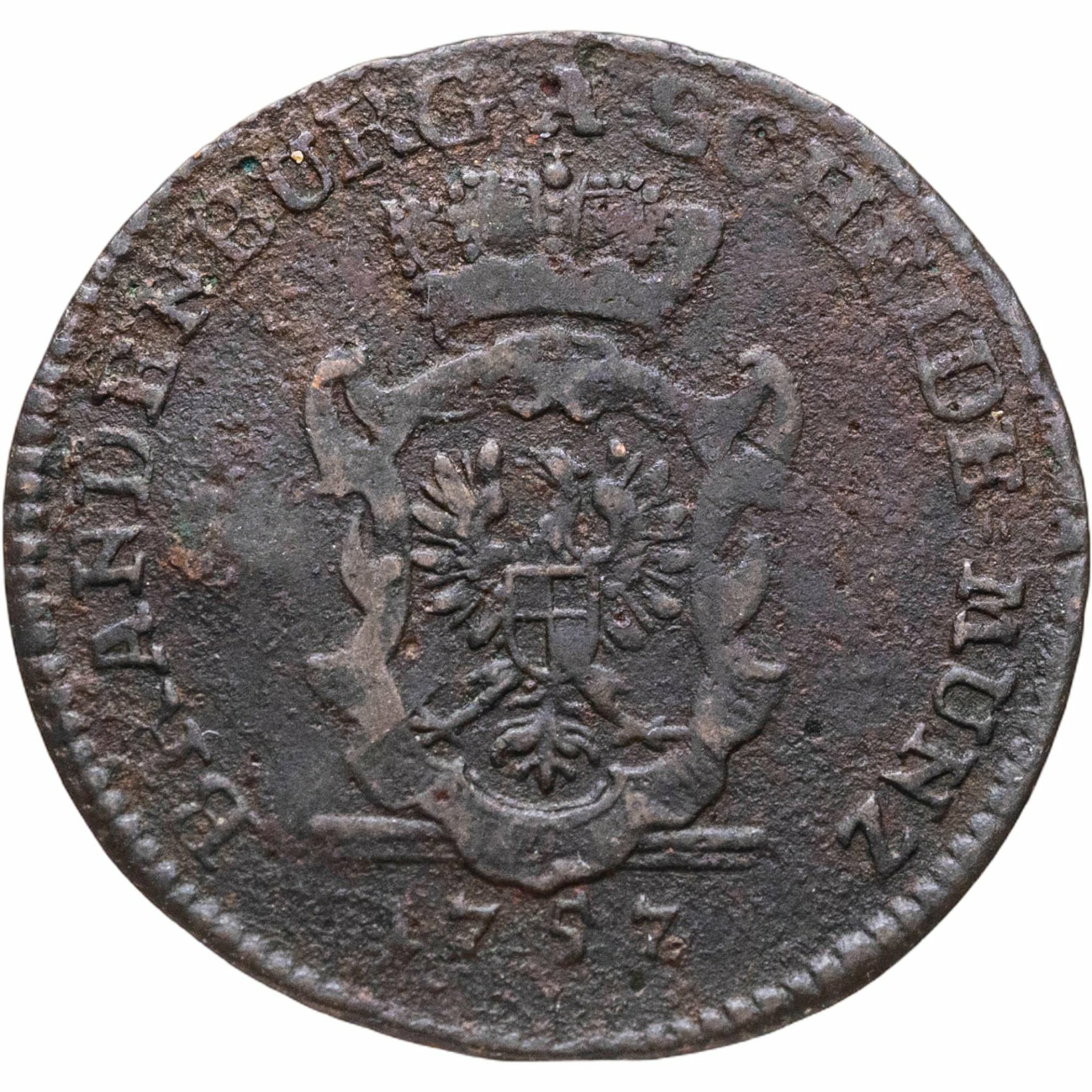 Бранденбург-Ансбах 1 пфенниг 1757, Медь, в сохранности F-VF