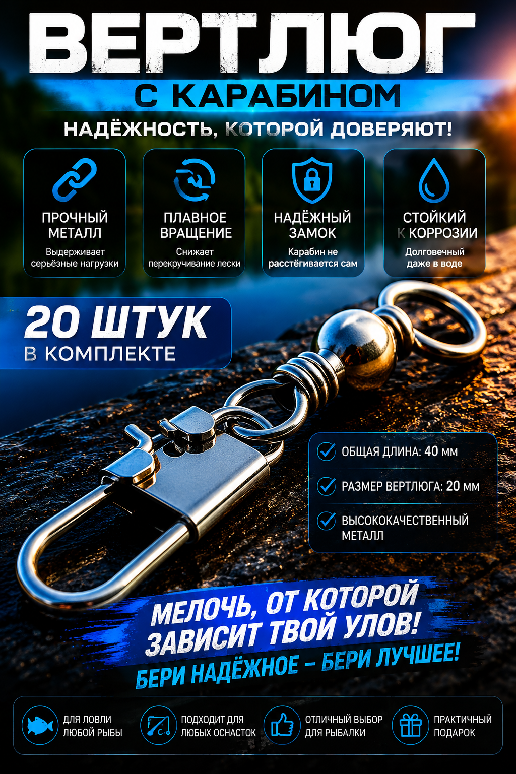 Вертлюги для рыбалки, с карабинами, черные, 40мм, комплект 20 шт