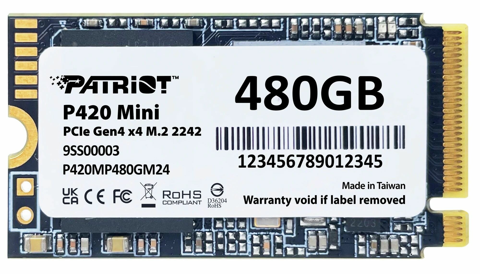 480 ГБ M.2 NVMe накопитель Patriot P420 Mini (P420MP480GM24) - PCI-E 4.0, чтение - 5150 МБ/с, запись - 3350 МБ/c, TBW - 200
