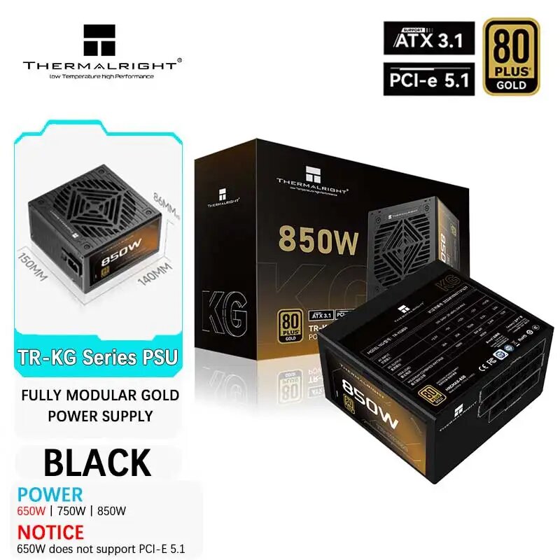 Thermalright TR-KG850 Black Блок питания ATX3.1 PCI-E 5.1 Полностью модульный Золотой 650Вт/750Вт/850Вт 650Вт не поддерживает PCI-E 5.1