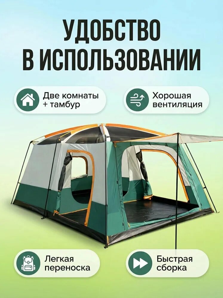 Большая кемпинговая палатка, вмещающая 46 человек. Имеет просторный холл и две спальни. Отличается высокой устойчивостью и хорошей вентиляцией.