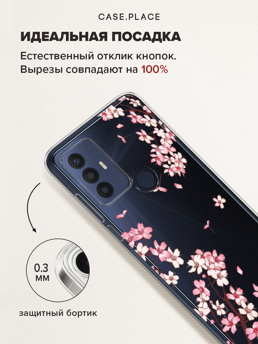 Чехол на TCL 30E/30 SE/305/306 / ТСЛ 30E с принтом "Ветви сакуры 1", прозрачный — фото 1
