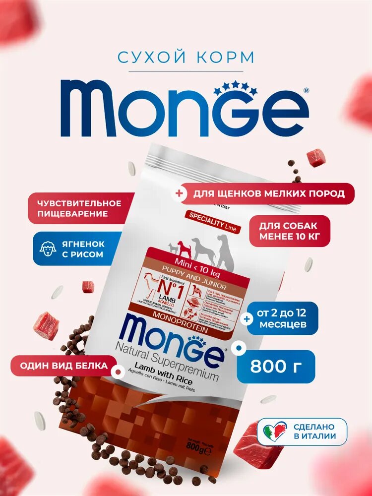 Сухой корм для щенков Monge Dog Speciality Line Monoprotein Mini для мелких пород из ягненка с рисом 800 г
