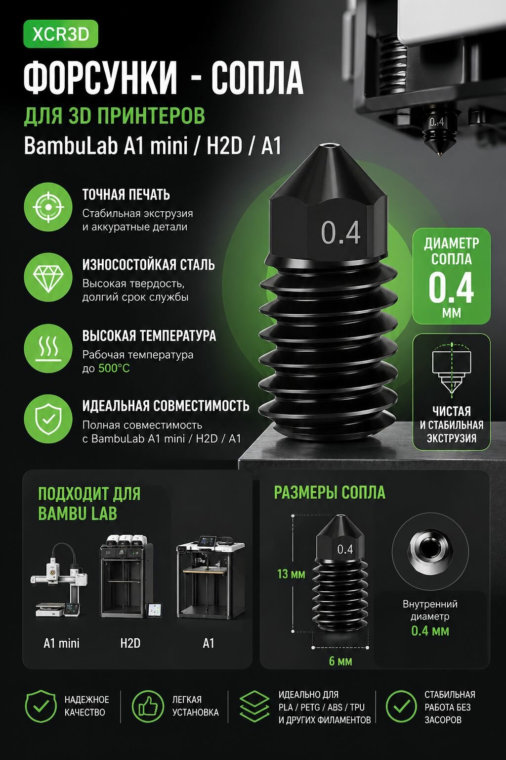 Сопла из закаленной стали для BambuLab A1 mini/H2D/A1