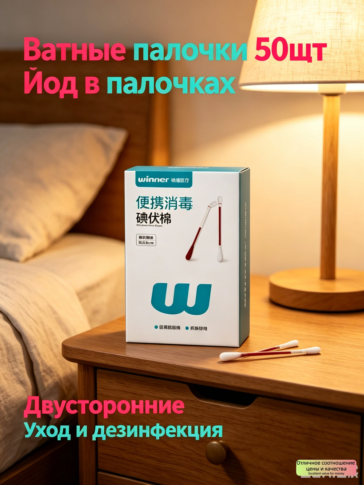 Ватные палочки "Йод в палочке", для детей, для очистки пор, в коробке, 50 шт.
