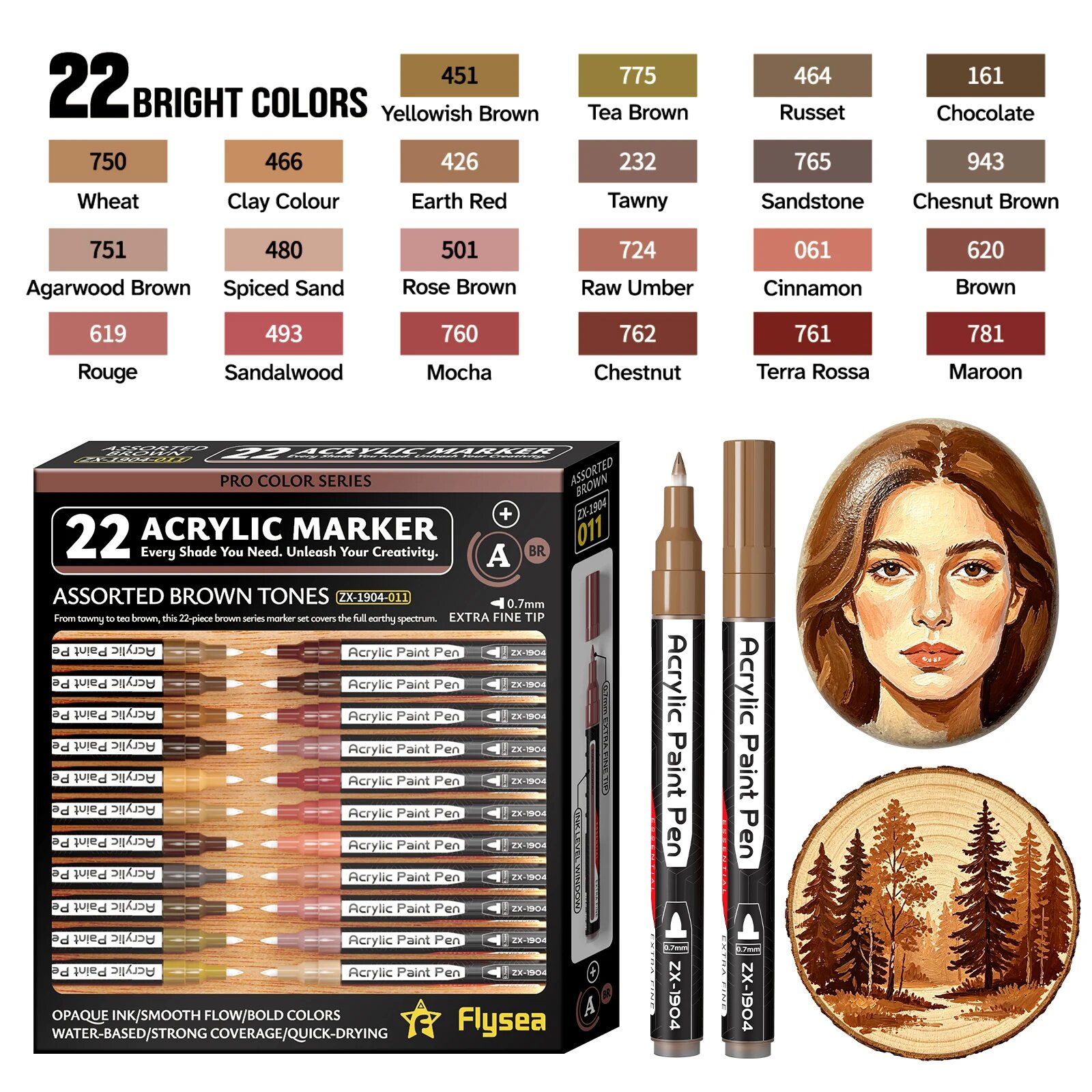 Маркеры Kolorowys акриловые 22 шт, 0.7 мм Коричневый, Brown Tones