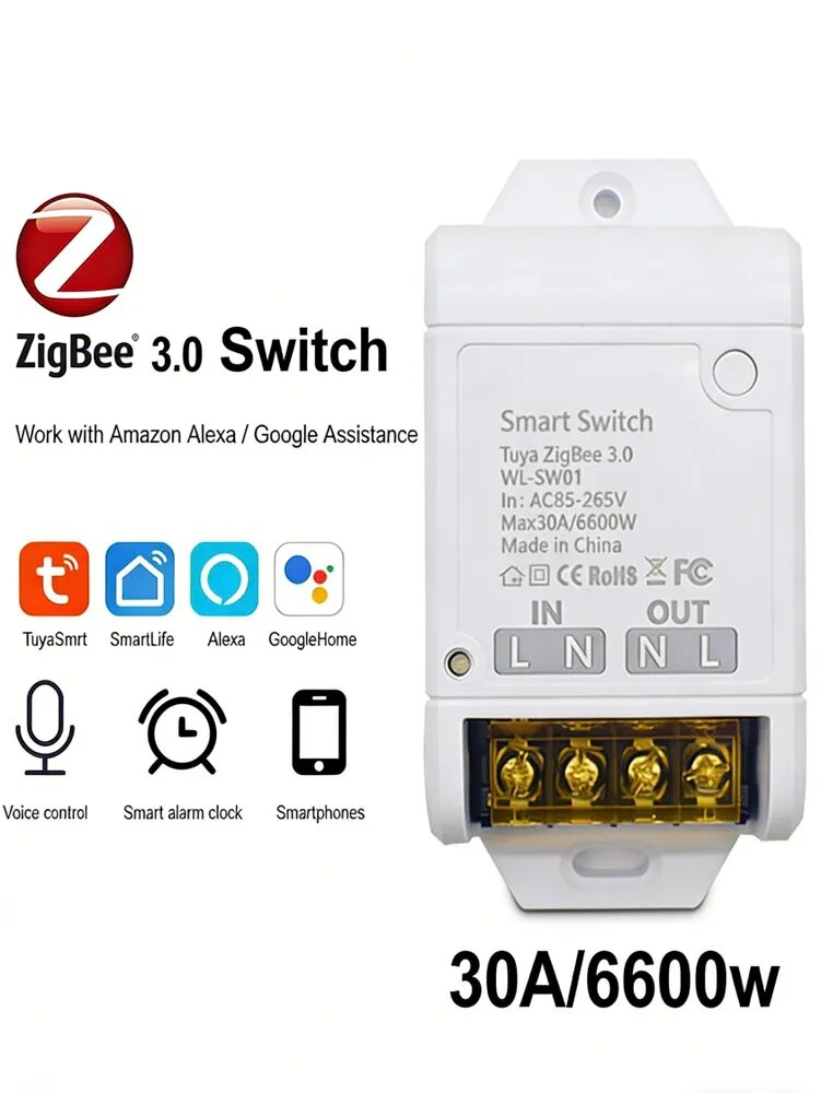 Умный релейный модуль ZigBee WiFi 30А 85-250В, умный переключатель с RF433 и пультом дистанционного управления