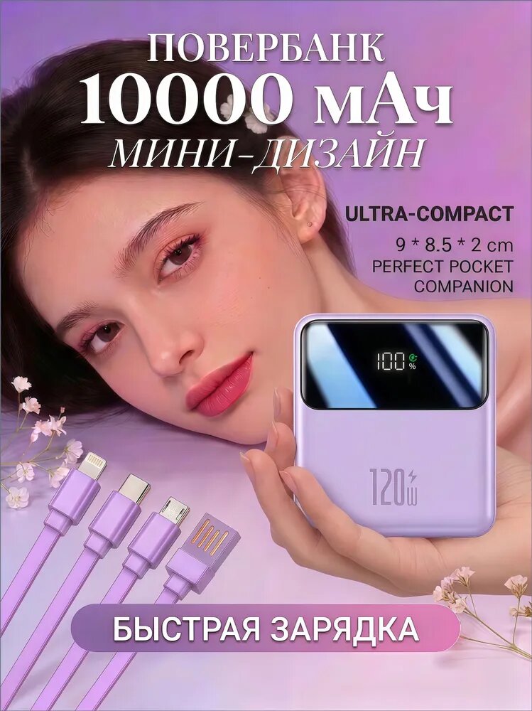Внешний аккумулятор, 10000 мАч, 120 Вт, фиолетовый