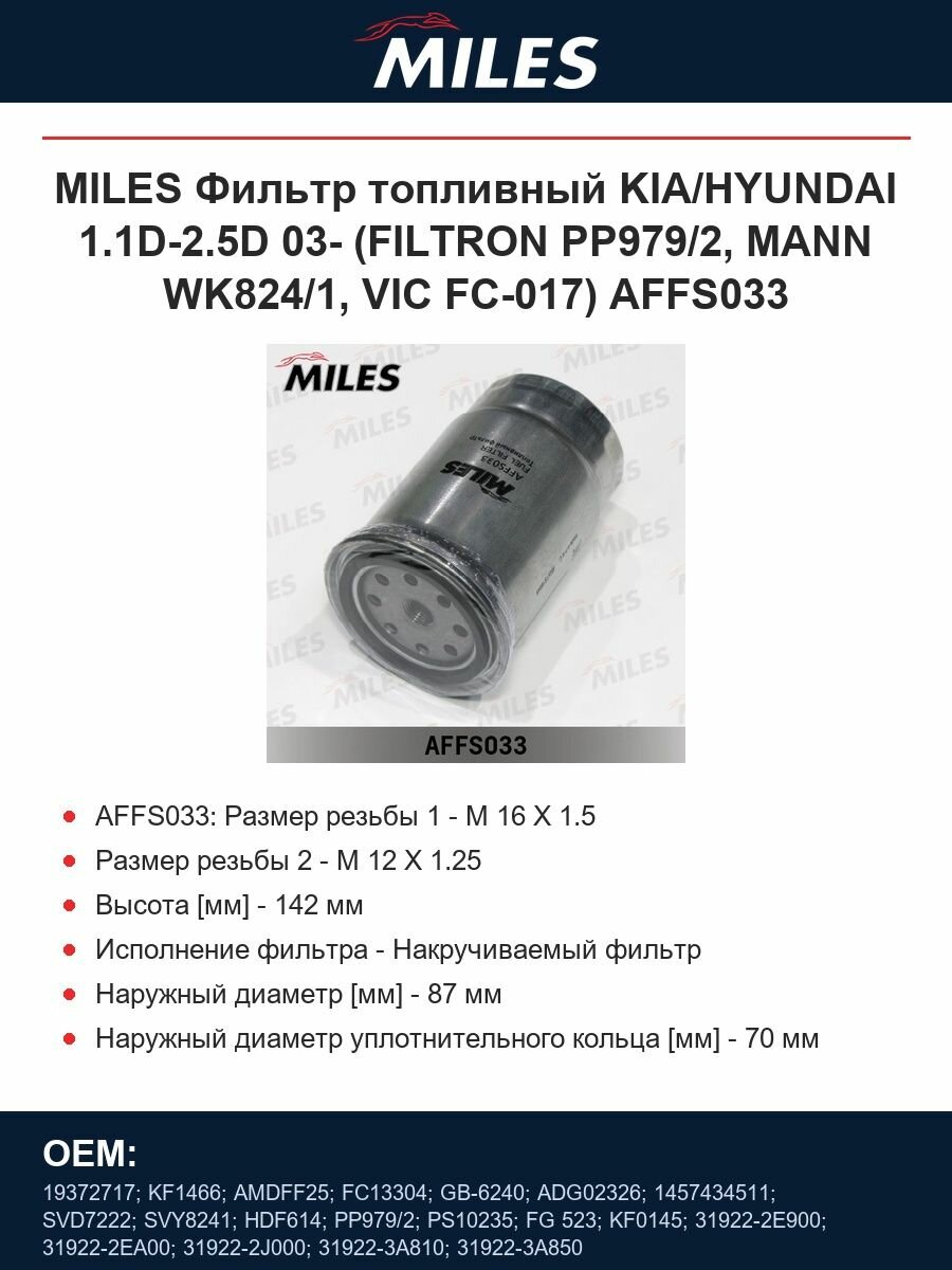MILES Фильтр топливный KIA/HYUNDAI 1.1D-2.5D 03- (FILTRON PP979/2, MANN WK824/1, VIC FC-017) AFFS033