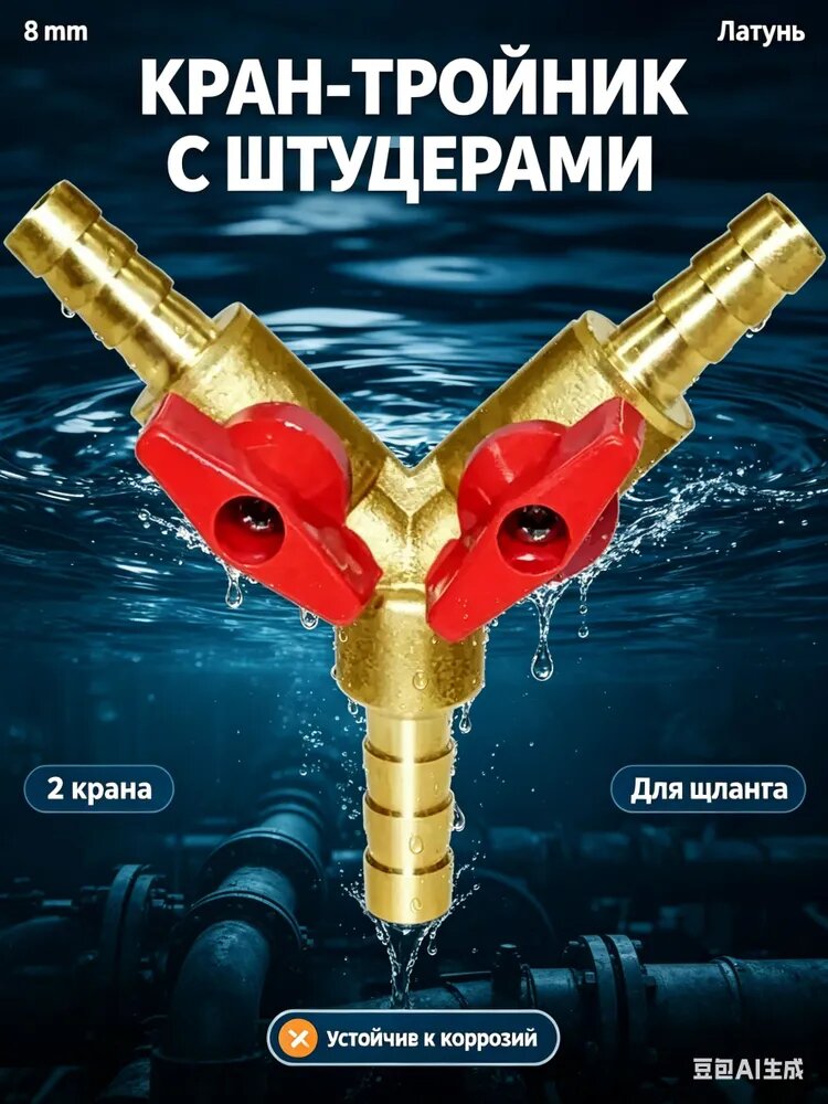 Кран-тройник с переключателем латунный на трубку 8 мм.
