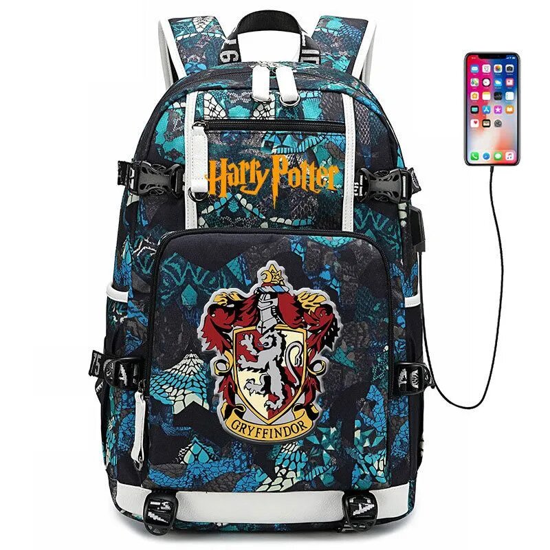 Рюкзак Harry Potter, школьный, дышащий, с USB-портом, мальчики, синий/зеленый, 40x30x15 см