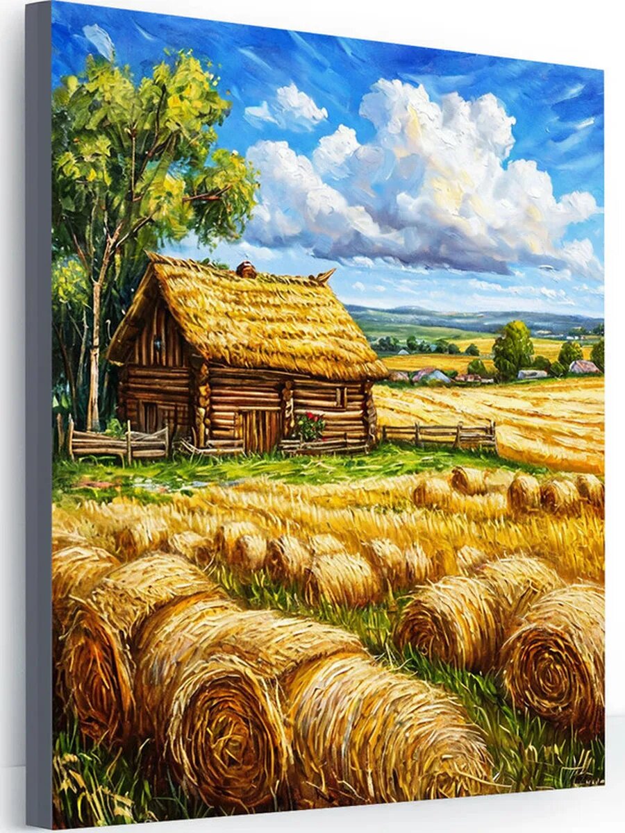 Картина на стену для интерьера "Деревенское поле и дом", на подрамнике, 40 x 50 см