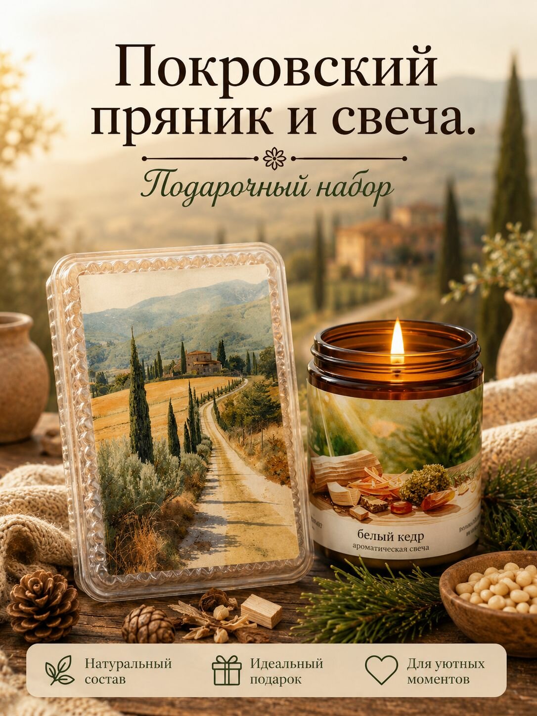 Подарочный набор: покровский пряник 140 гр и ароматическая свеча 190 гр