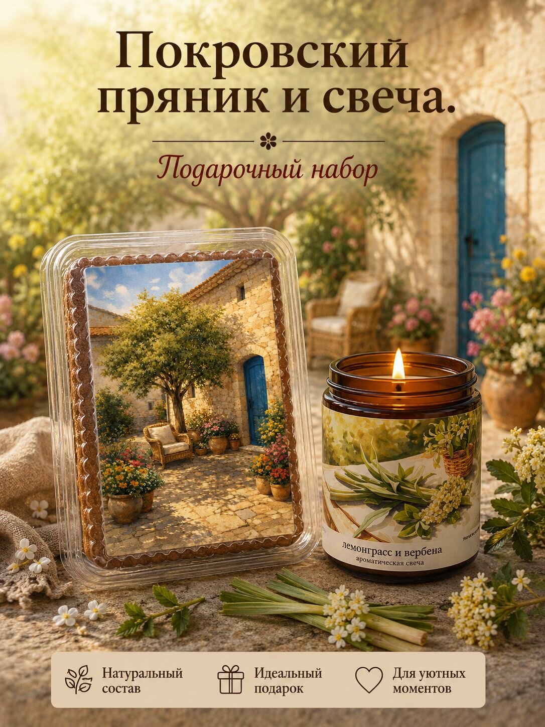 Подарочный набор: покровский пряник 140 гр и ароматическая свеча 190 гр