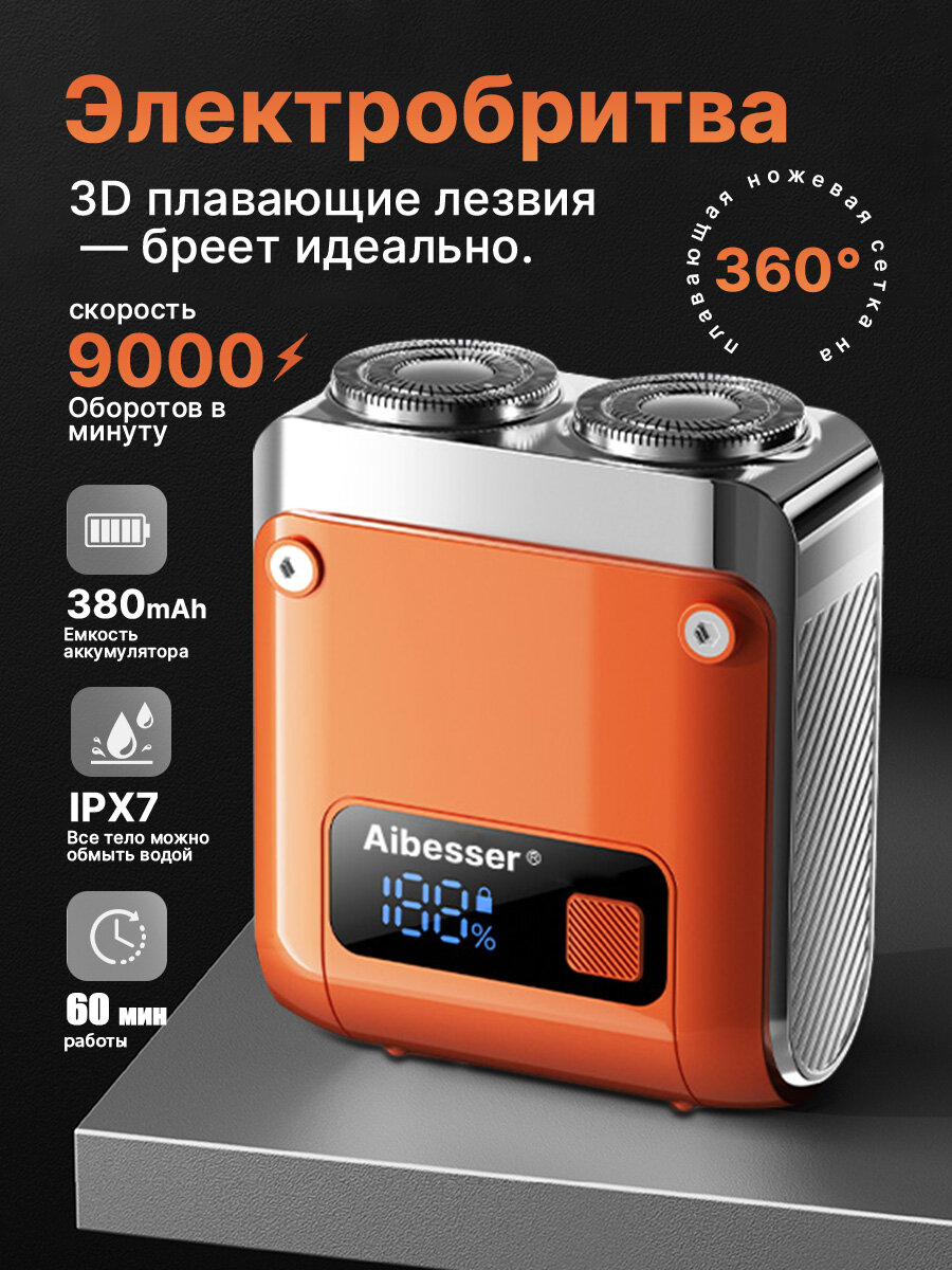 Шейвер для бритья, Мини электробритва мужская, компактный шейвер, 3D плавающие лезвия, водонепроницаемый корпус, индикатор заряда