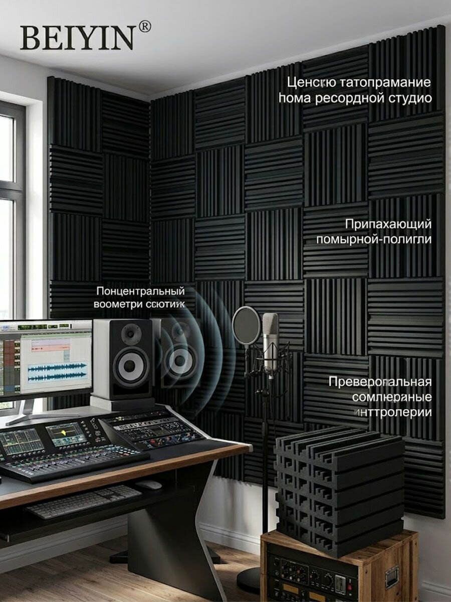 BEIYIN 36 шт Акустическая пена 30x30x5cm студии Звукоизоляция стен (черное)