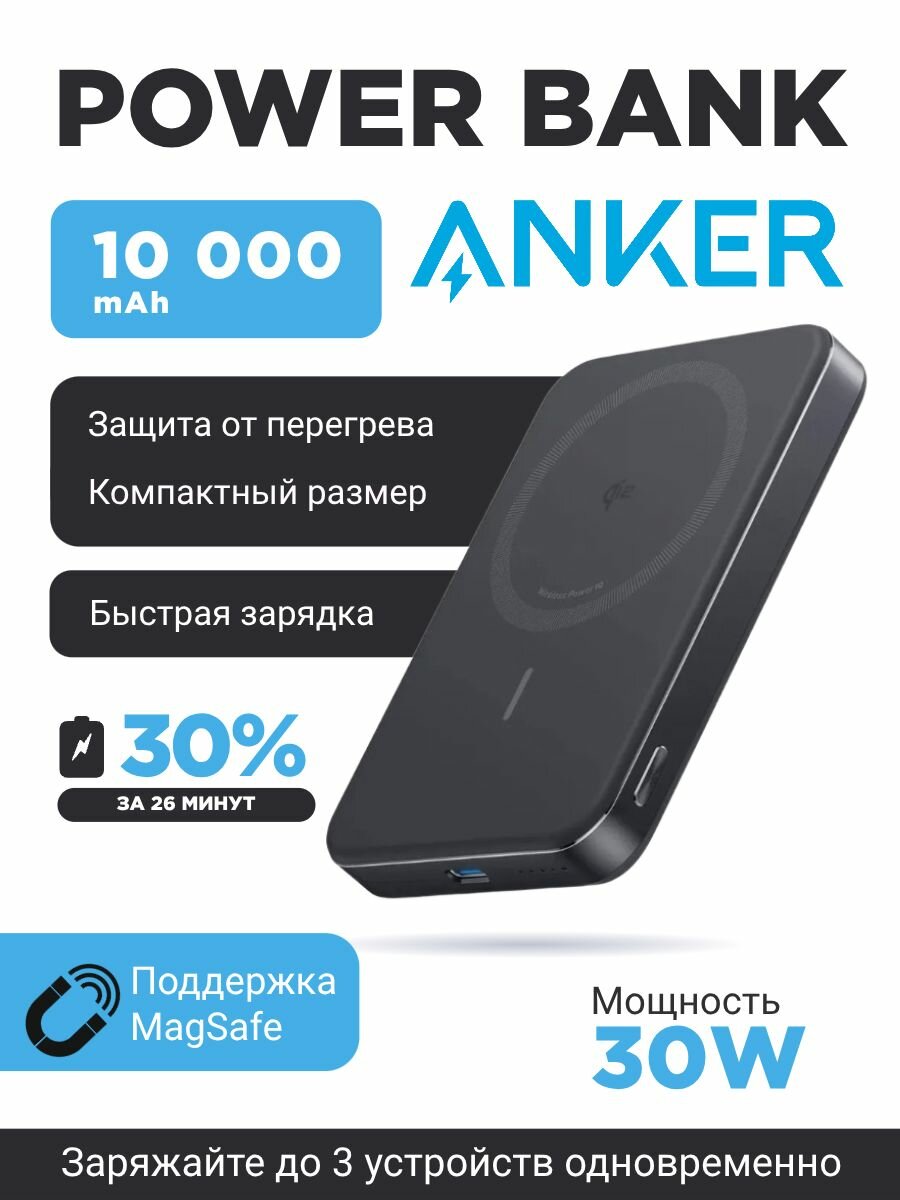 Повербанк Anker с MagSafe и быстрой зарядкой на 10000mAh, 30W черный (powerbank) для iPhone