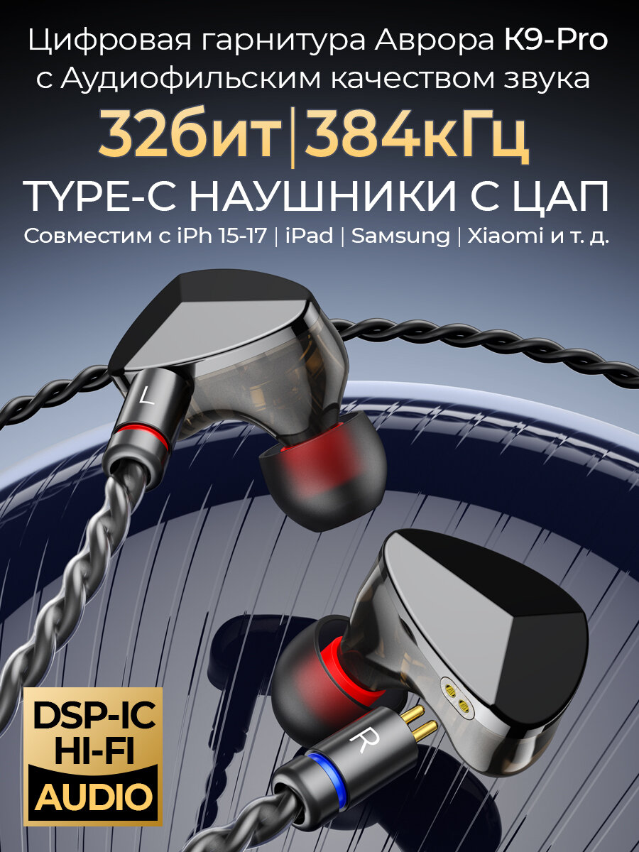 Цифровые проводные наушники Type-C с мощным чипом ЦАП 32бит/384кгц, High-End Hi-Fi игровая гарнитура для смартфонов, планшетов, ноутбуков, iph17 pro max, sams. Jiweizhineng Aврора K9 Pro