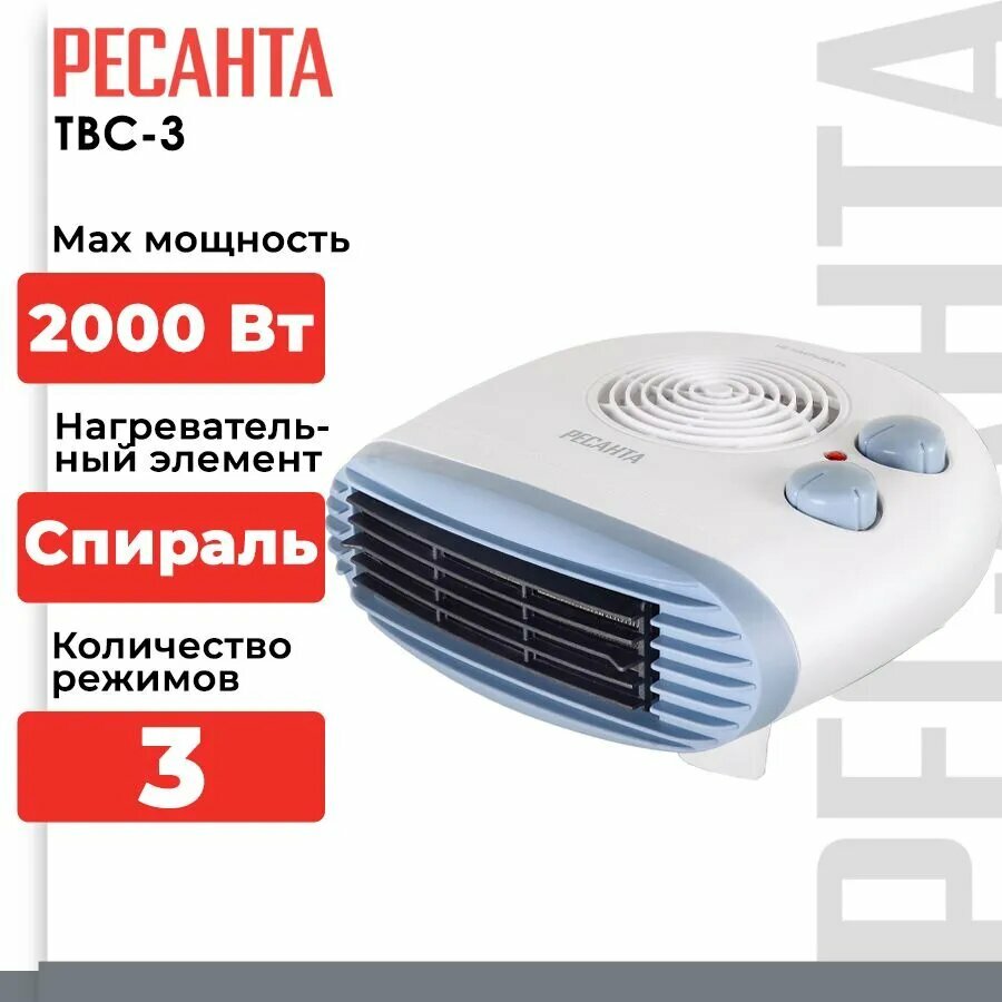 Тепловентилятор, обогреватель электрический с вентилятором Ресанта ТВС-3 (2 кВт, 25м2 3 режима, термостат)