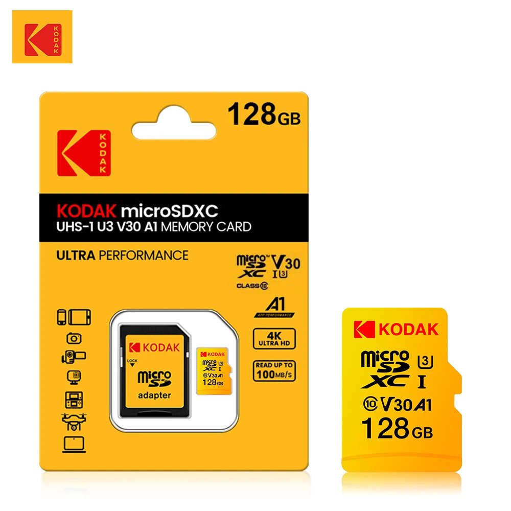 Kodak Micro SD-карта Class 10 U3 V30 32/64/128/256 ГБ 128GB with SD Reader