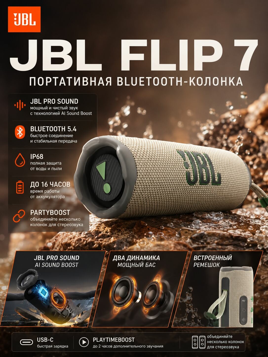 Портативная колонка JBL Flip 7, Bluetooth 5.4, IP68, до 16 часов работы, с PartyBoost
