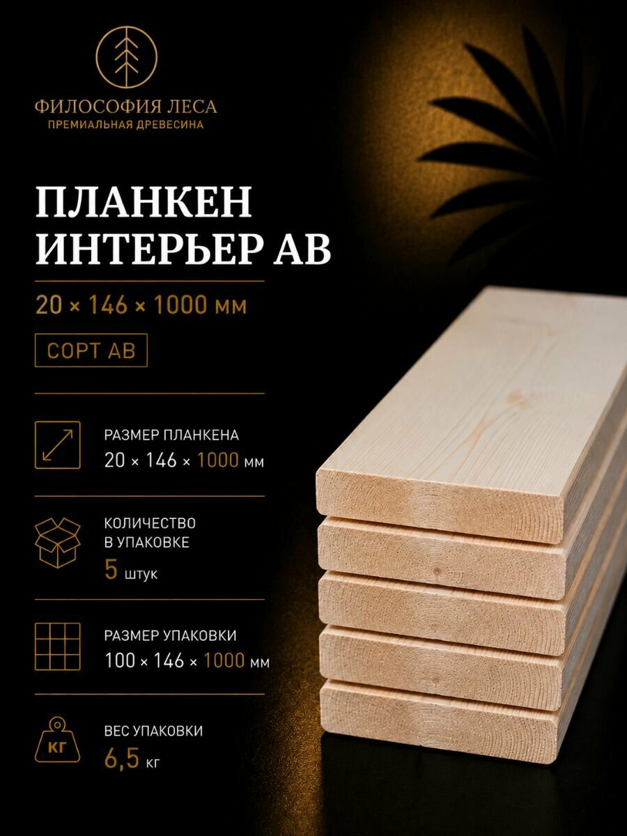 Планкен интерьерный, сорт АВ, 20х146х1000, 5шт, хвойных пород