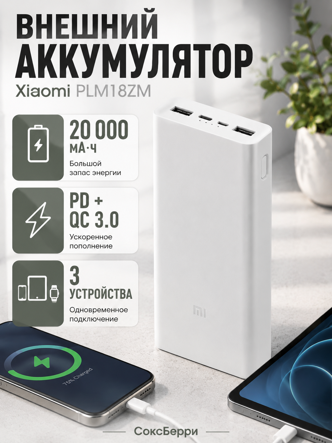 Портативный внешний аккумулятор Xiaomi PLM18ZM Mi Power Bank, 20000mAh, три выходных порта