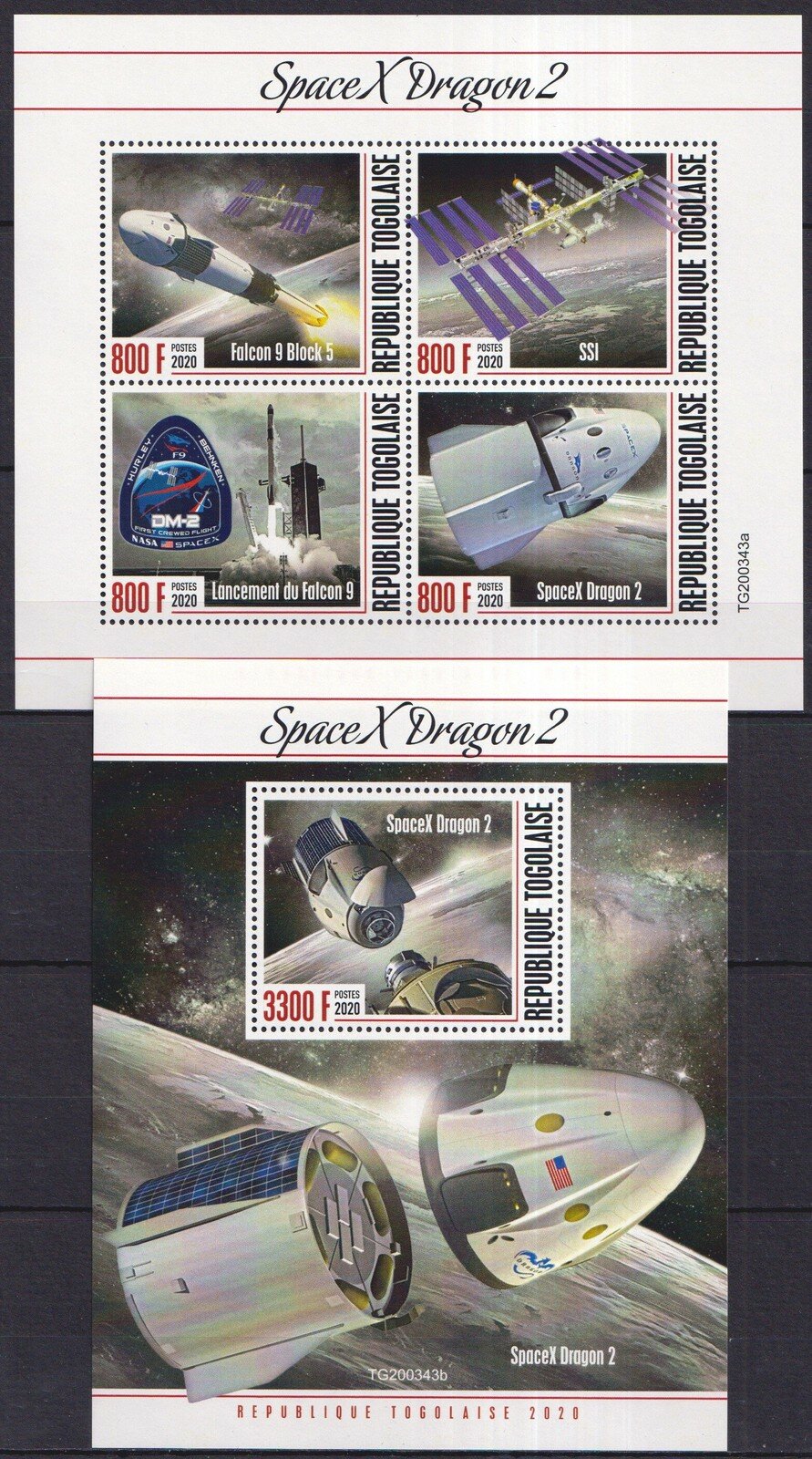Марки 2020 год Того SpaceX Дракон 2 Сокол 9 Космос #8594-8597+Bl2004 Mnh