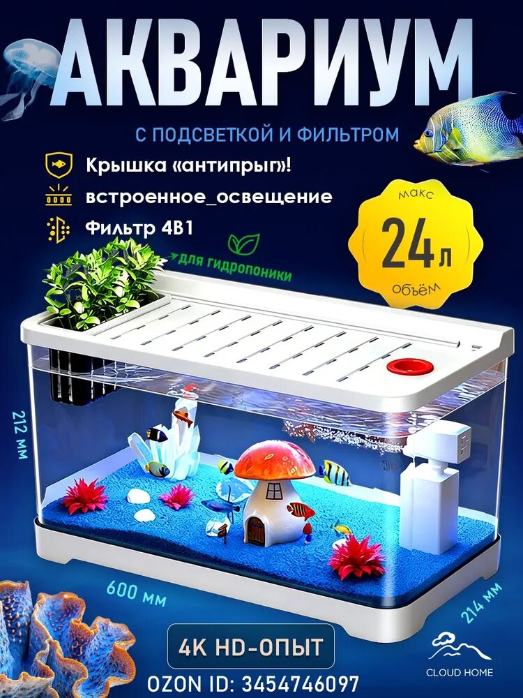 Аквариум для рыбок 24л с подсветкой, фильтром и крышкой