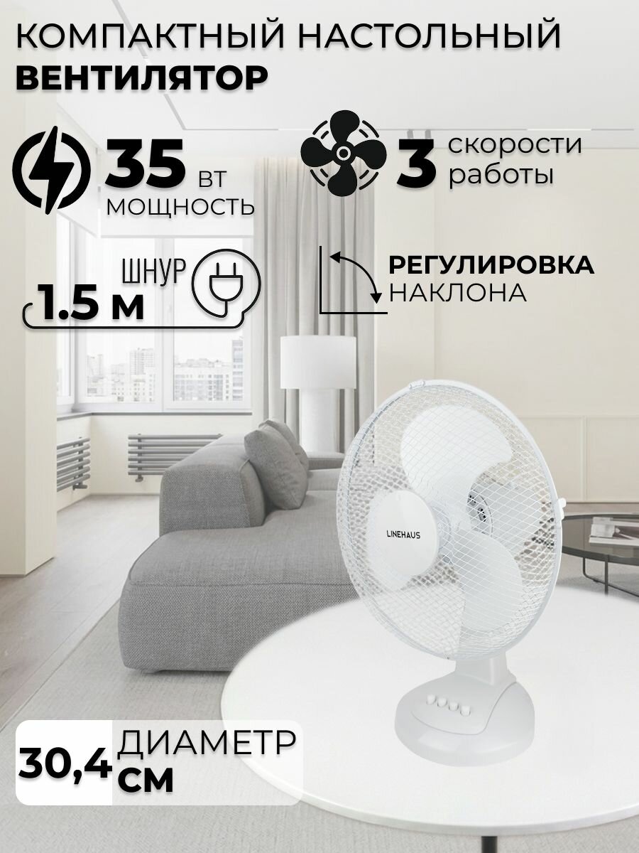 Вентилятор настольный 35Вт 3 Скорости с поворотом 12 дюймов