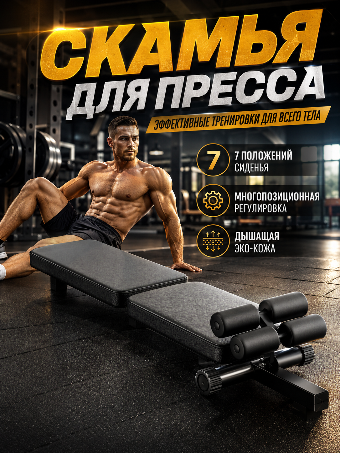 Фитнес-скамья с 7 уровнями регулировки сиденья, дышащая эко-кожа для домашних тренировок
