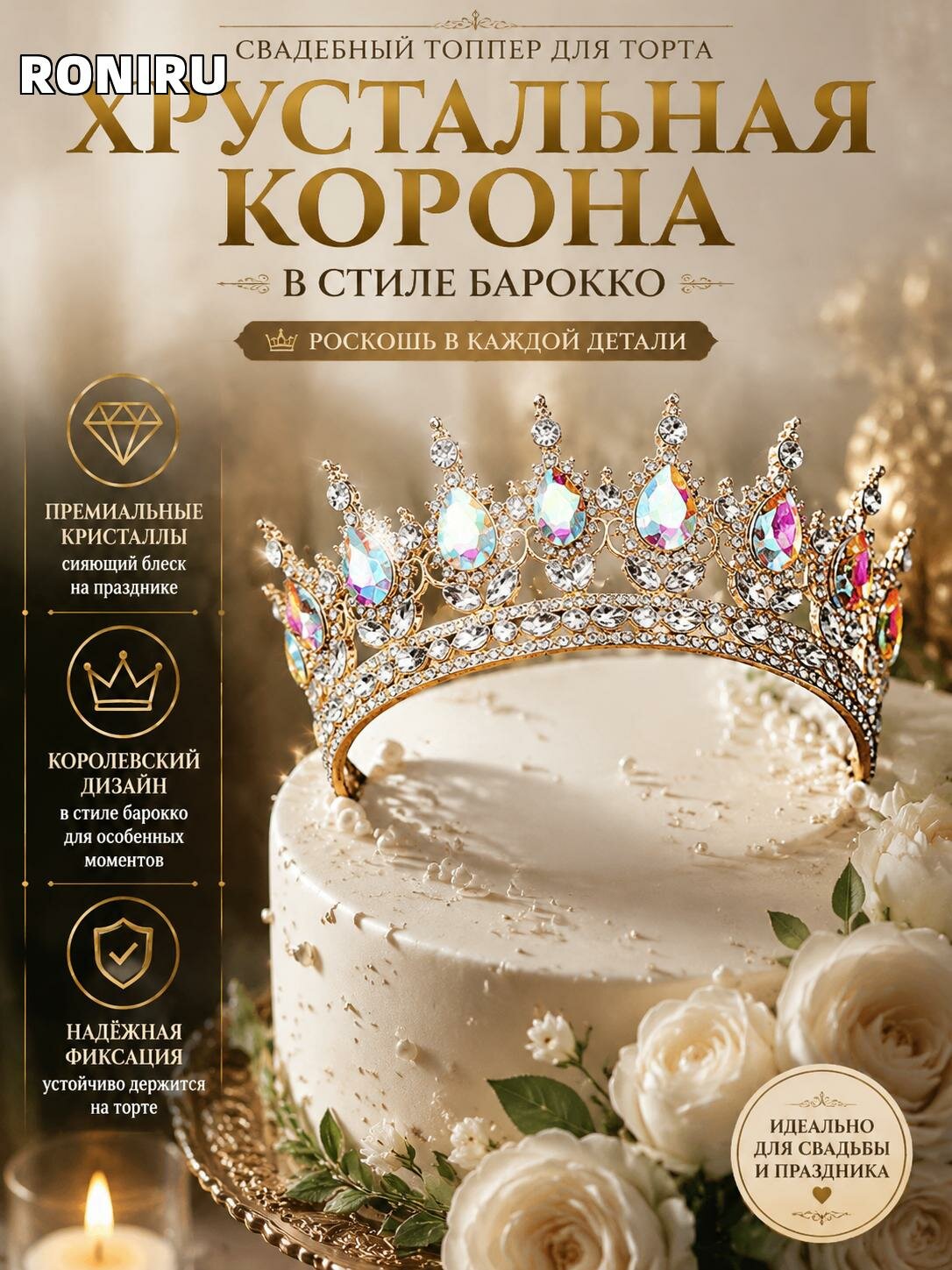 Свадебный топпер для торта — хрустальная корона в стиле барокко, украшение и тиара для десерта на праздник в декоре