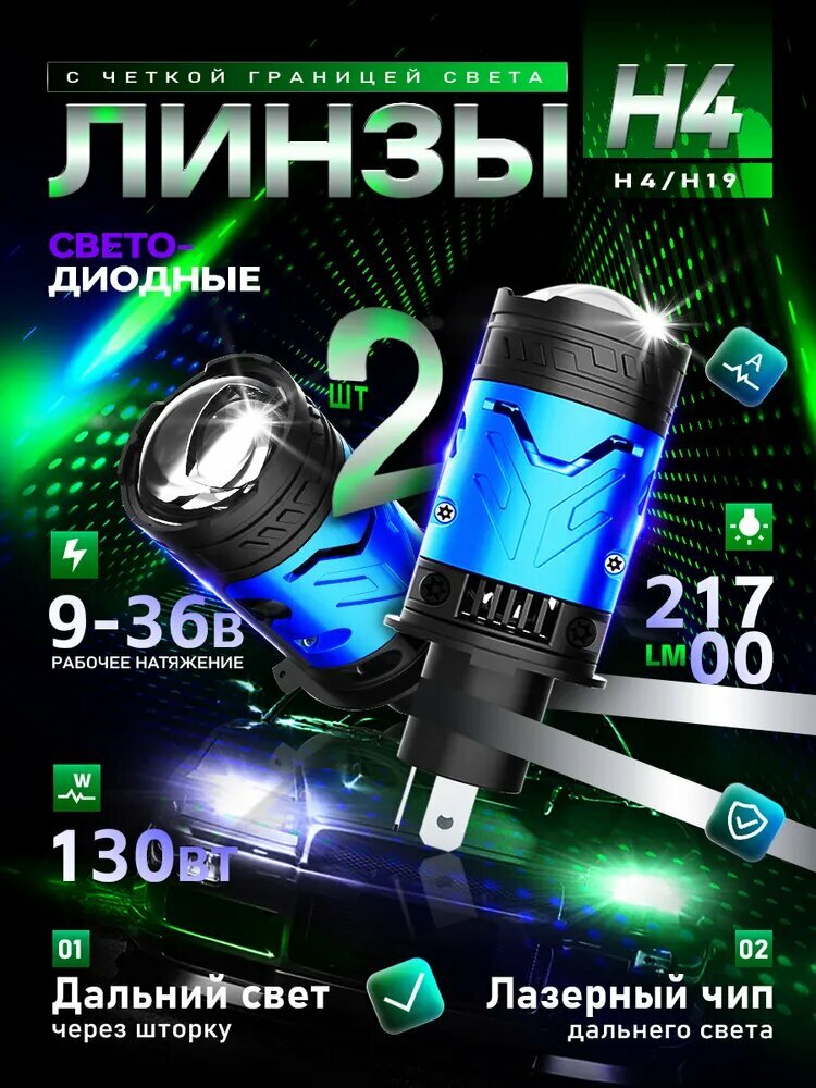 BI-LED автомобильные светодиодные лампы с линзами H4, 6000K, комплект 2 шт