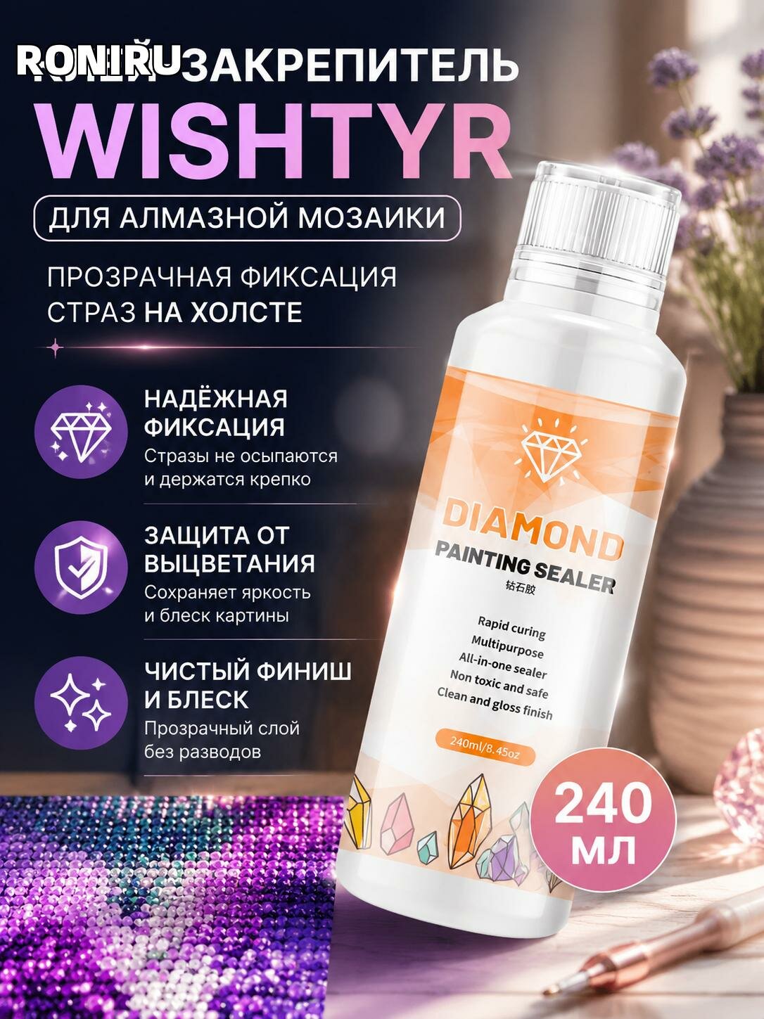 Клей-закрепитель WISHTYR 240 мл для алмазной мозаики - прозрачная фиксация страз на холсте, для объёмной вышивки