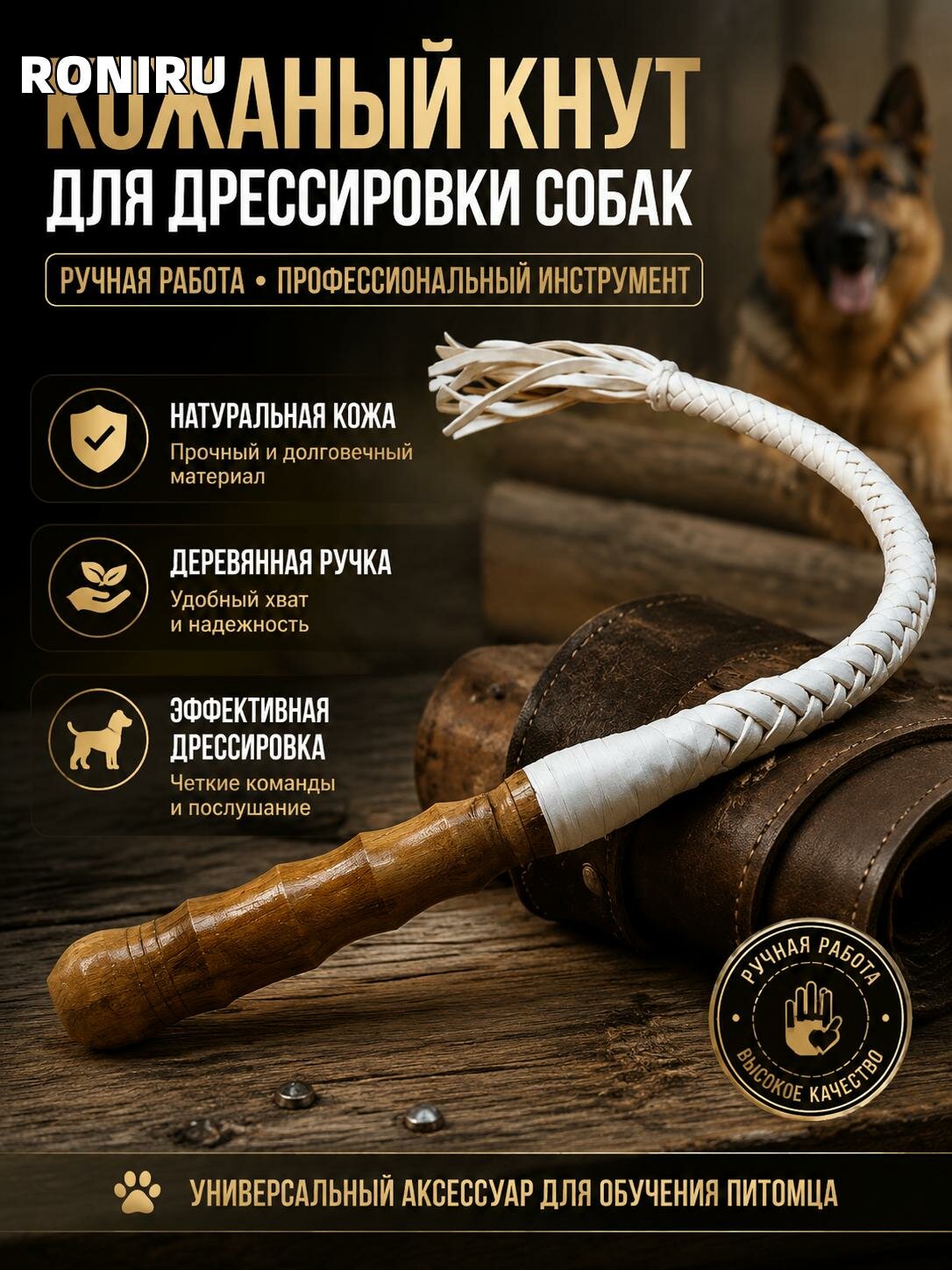 Кожаный кнут для дрессировки собак ручной работы, универсальный аксессуар для обучения питомца с деревянной ручкой